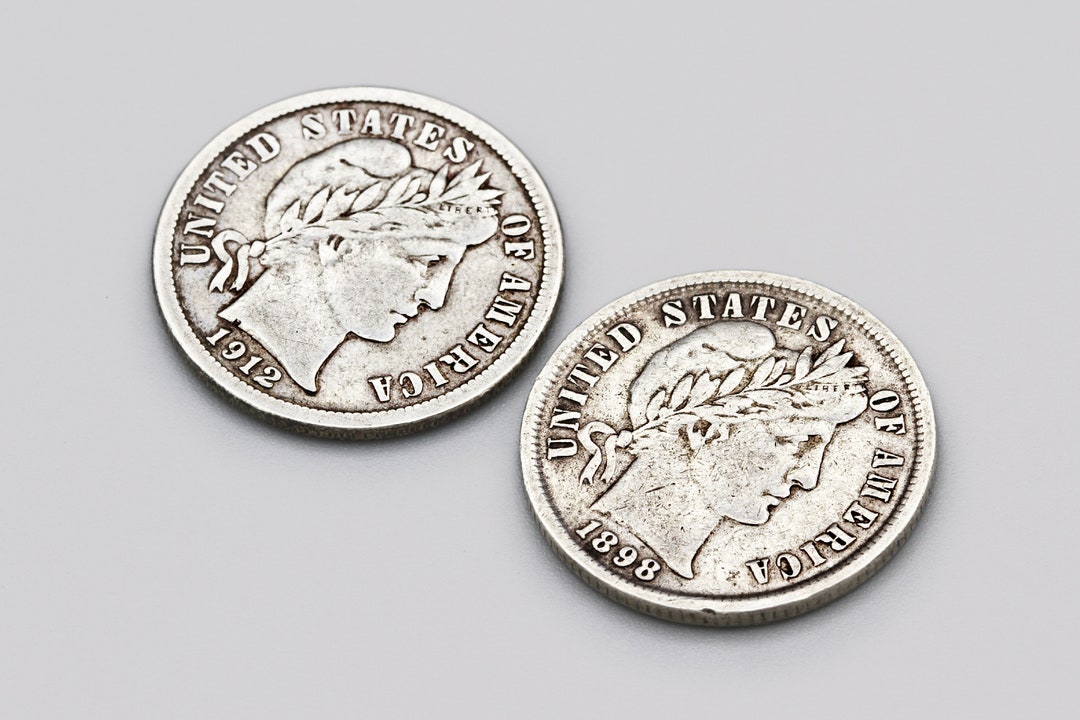 Pair of RARE 1912 D and 1898 Barber Dime Coins, Liberty 900 Silver Dime ...