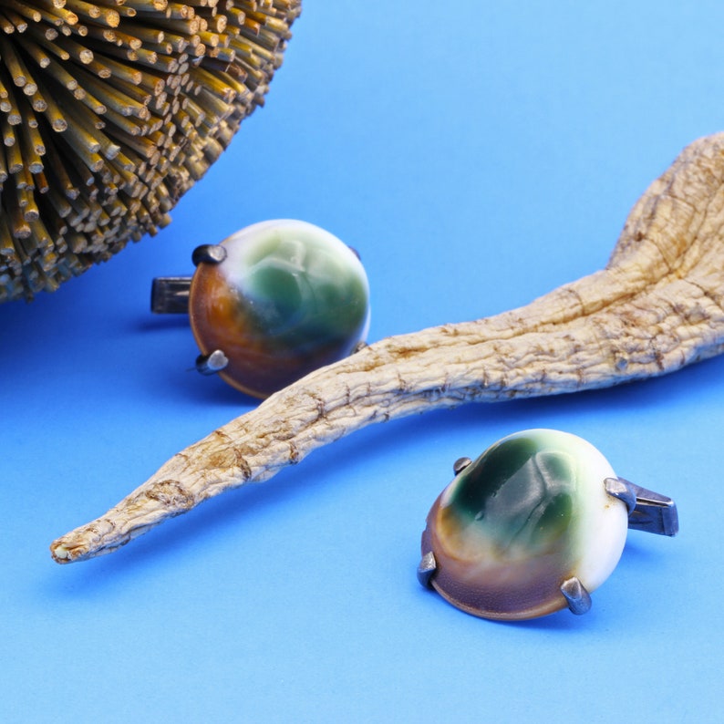 Antique 1920s Victorian Operculum Mens Cufflinks and Tie Pin Set, Shiva ...