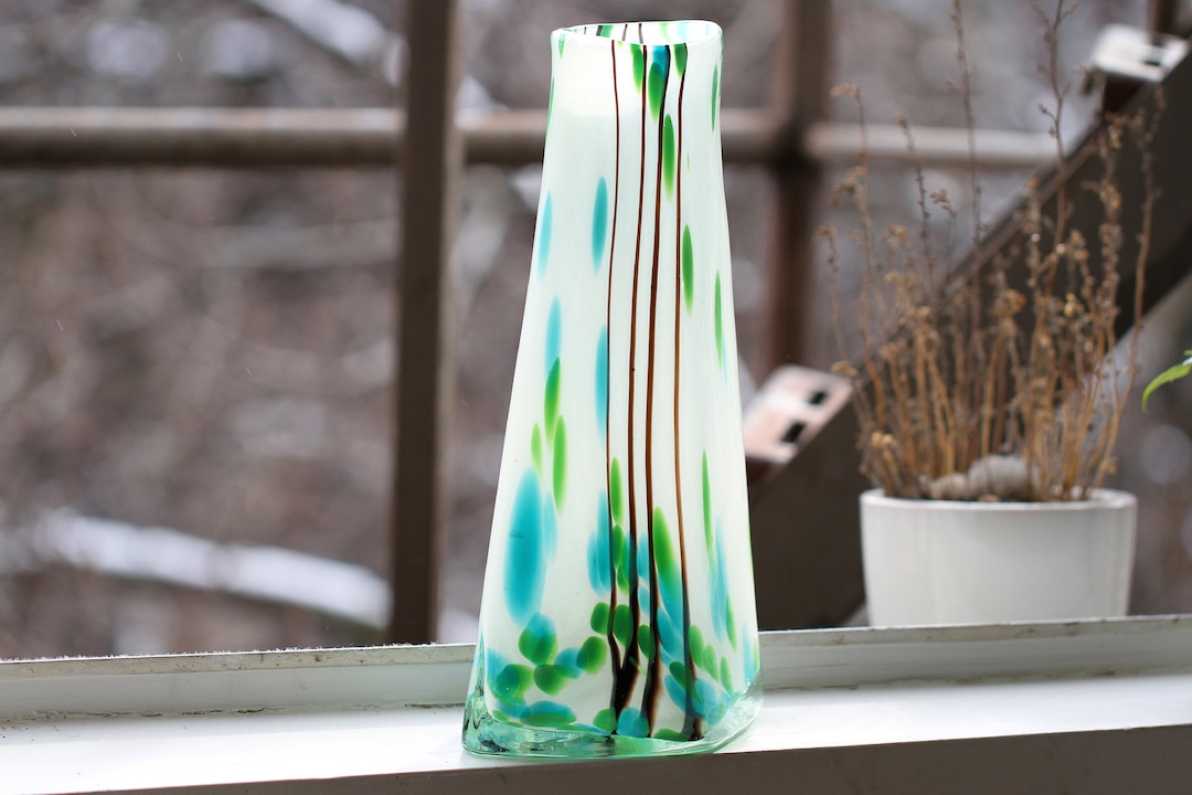 Large Hand Blown Art Glass Vase, Handmade 14" Tall Floral Vase, Pyramid ...