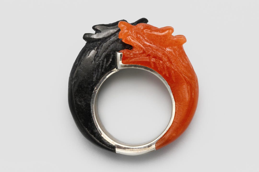 RARE Black and Red Carved Jade Ring Size 6, 925 Sterling Silver Chinese ...