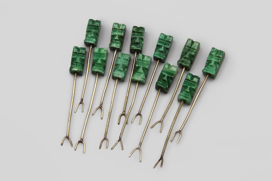 Set of 12 Olive Cocktail Picks, Tiki Head Serving Forks, Silver Tone ...