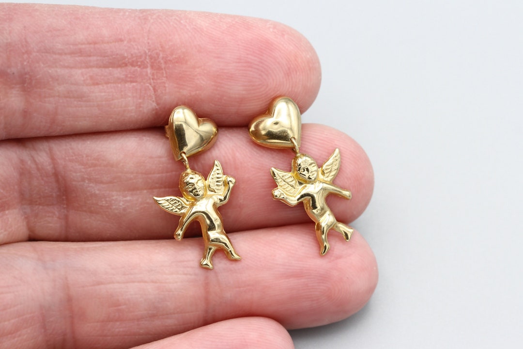 Cute 14K Yellow Gold Angel Earrings, Heart Post Dangle Earrings ...