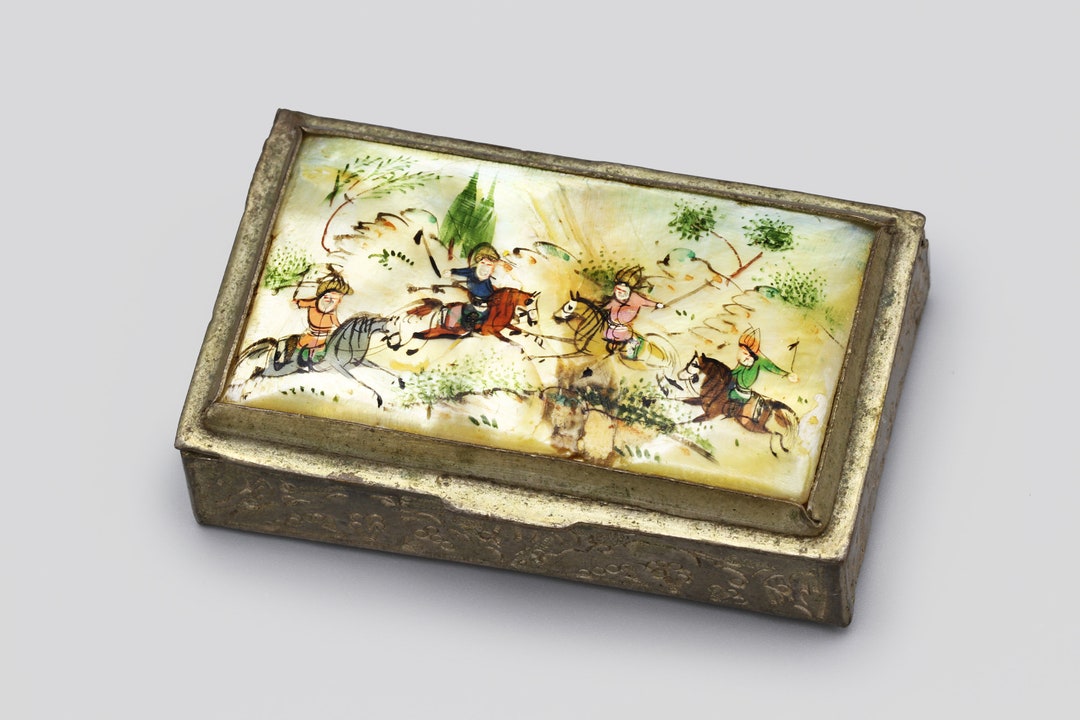 Antique Folk Middle Eastern Trinket Box, Hand Painted Warrior Scene on ...