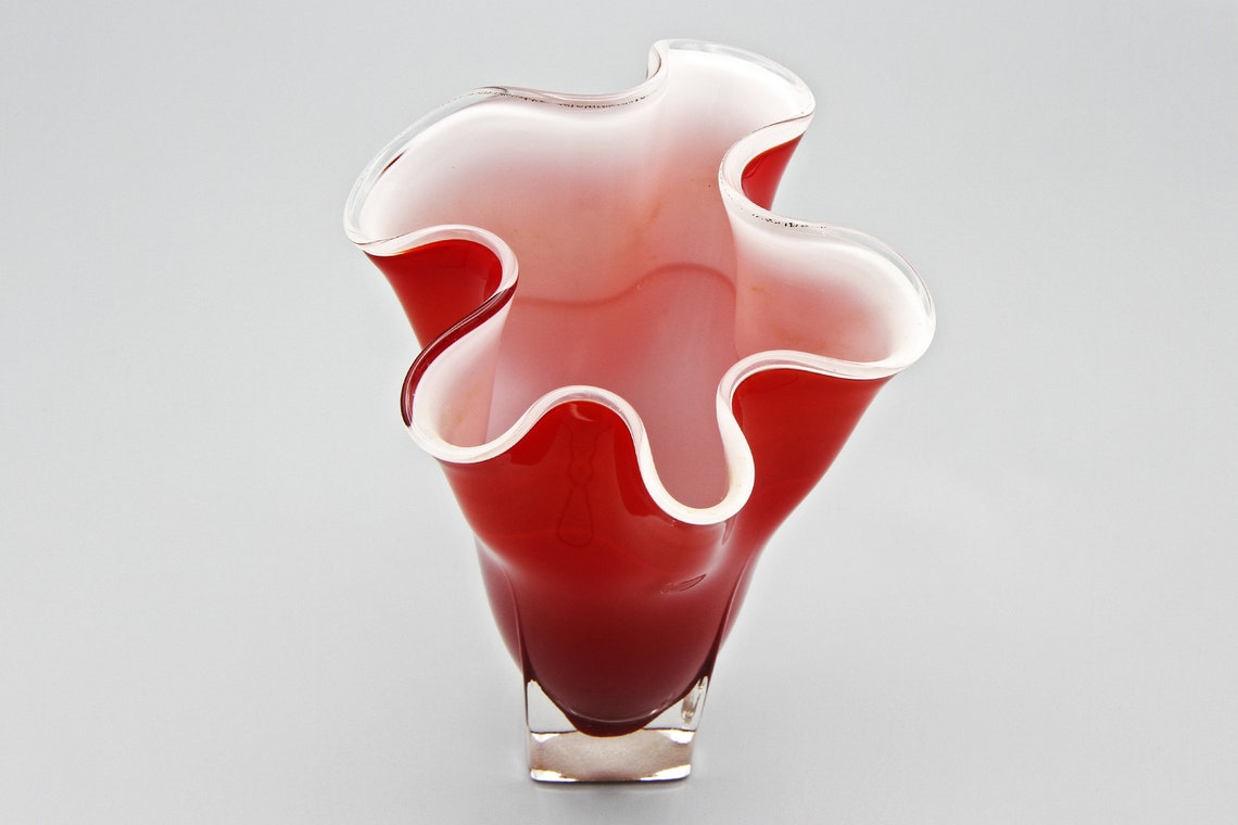 Hand Blown Glass Small Ruffled Vase White Lined Red Flower - Etsy