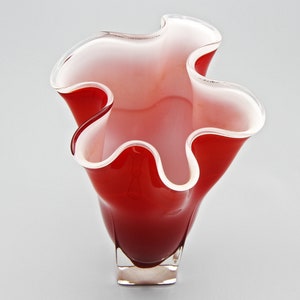 Hand Blown Glass Small Ruffled Vase White Lined Red Flower - Etsy