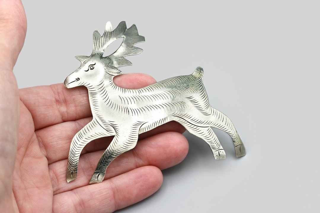 Large Sterling Silver? Reindeer Brooch, Etched Deer Pin, Moose ...