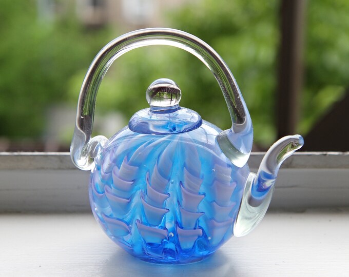 Tea Pot Shaped Paperweight, Blue and Clear Glass Coffee Pot, Colorful ...