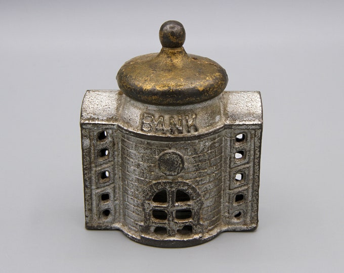 Antique 1892 Silver and Gold Presto Bank Building, Small Cast Iron Coin ...