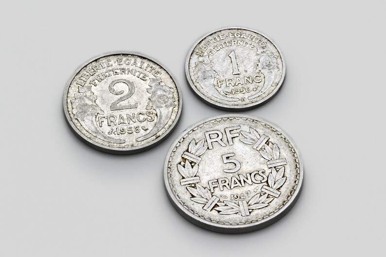 Lot of 3 French Coins, 5 Francs 1947, 2 Francs 1958, 1 Franc 1950 ...