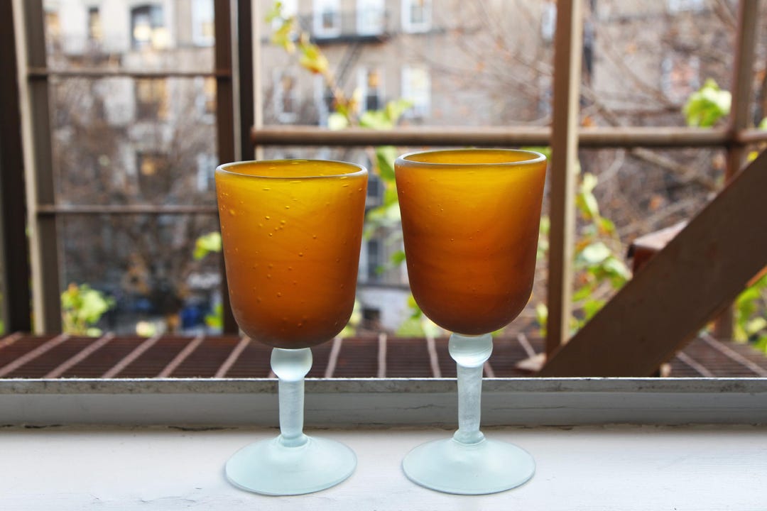 Pair of Hand Blown Glass Goblets, Orange-brown and Light Green Frosted ...