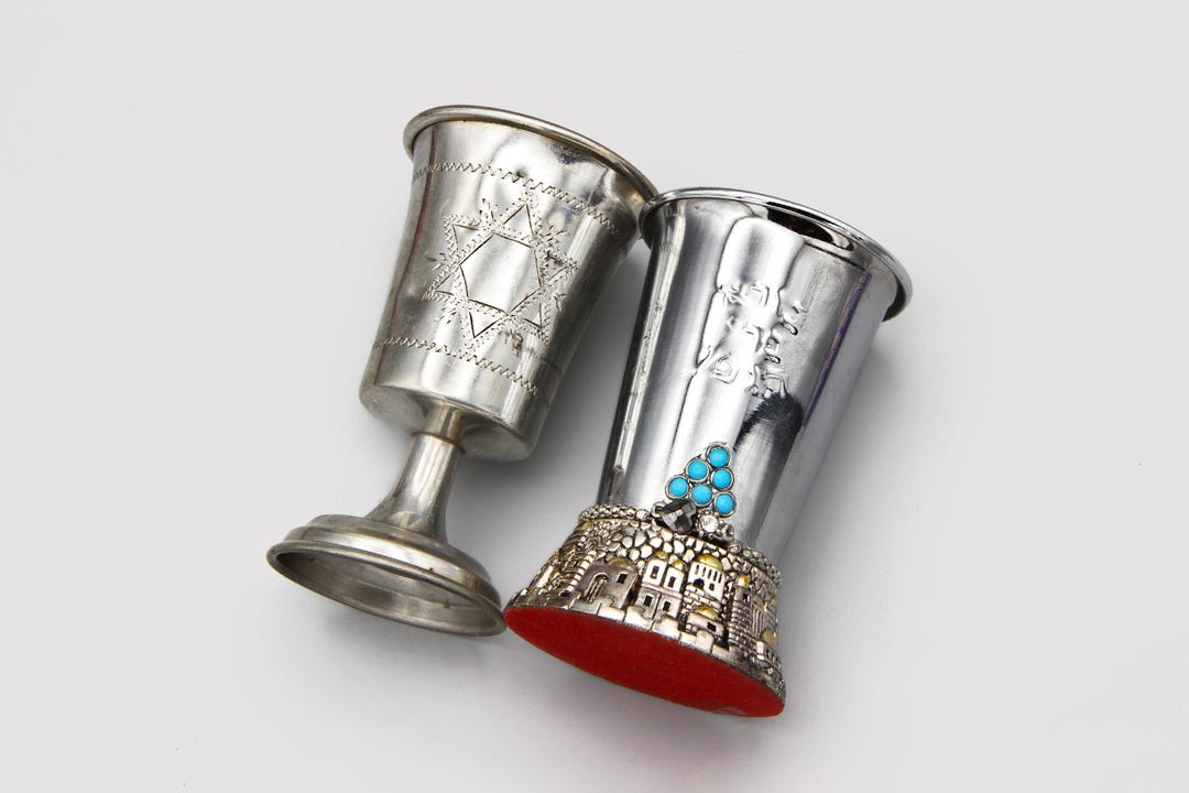 Pair of Shabbat Kiddush Cups, Hebrew Blessing Silver Tone Cups, Israel ...