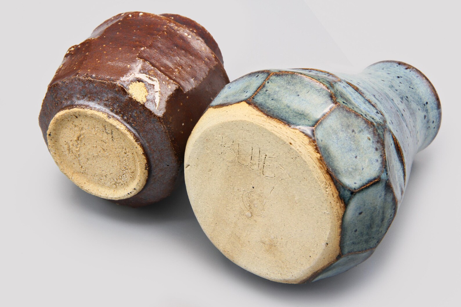 Pair of Handmade Signed Pottery Vases, Glazed Brown and Speckled Blue ...