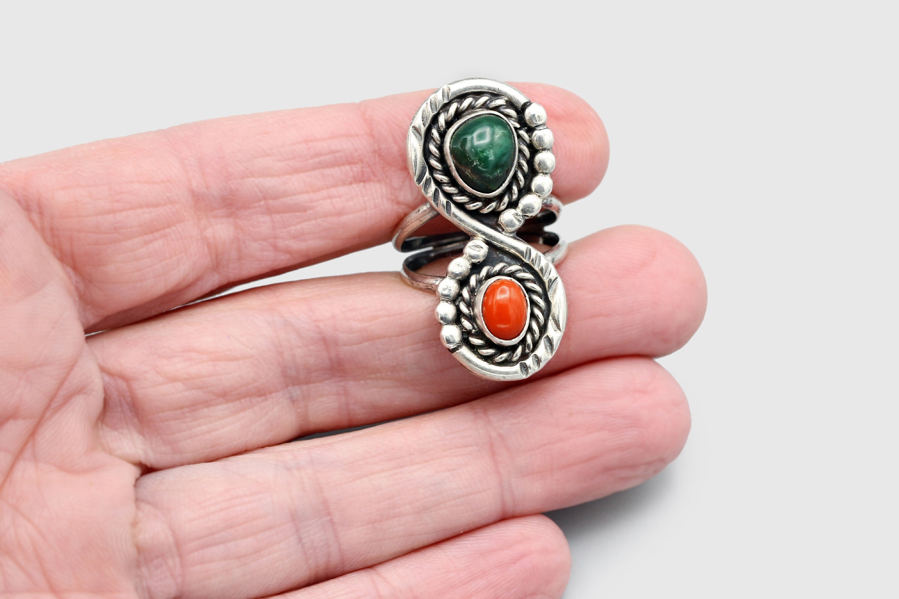 900 Silver Coral and Turquoise Ring Size 5.5, Green and Red Gemstone ...