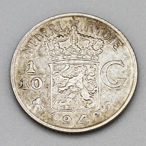 Netherlands East Indies 1942S 1/10 Gulden Coin, 720 Silver Coin ...