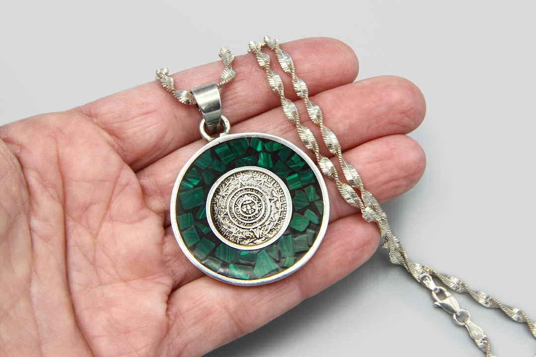 Sterling Silver Mexico 925 Pendant Necklace, Aztec Mayan Sun God, Green ...