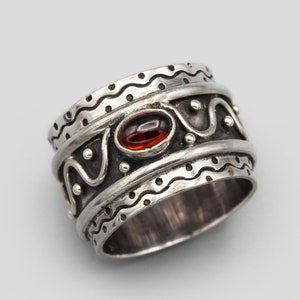 Wide Solid Silver and Garnet Ring Size 5.5, 925 Sterling Cigar Band Ring, Oval Red Gemstone ...