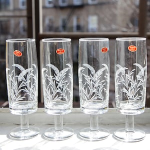 Crystal Clear Etched Beer Glasses, Wheat Pattern Stemware Set, Vintage ...