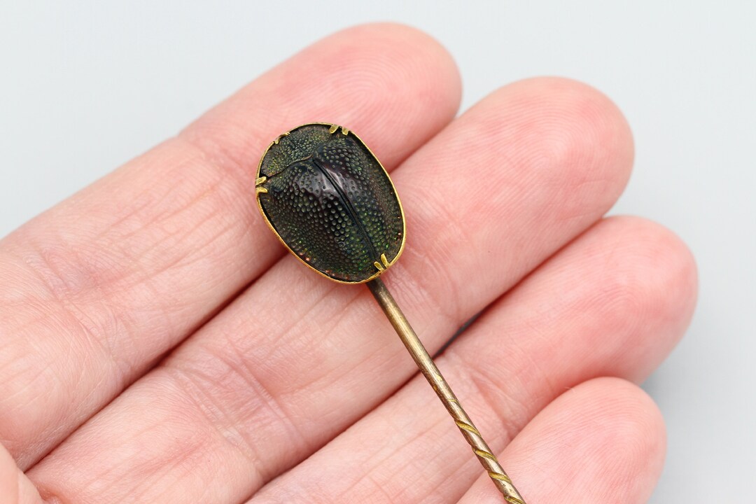Green Beetle Art Deco Stick Pin, Beetle and Gold Pin, Yellow Gold Hat ...