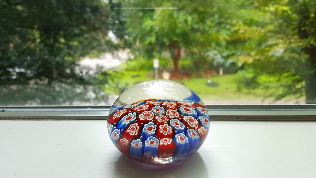 Blue and Red Flowers Hand Blown Glass Paperweight, Unsigned Murano ...