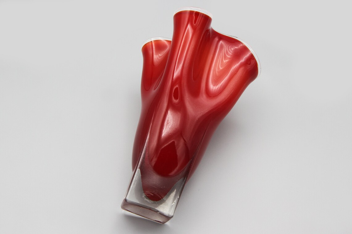 Hand Blown Glass Small Ruffled Vase White Lined Red Flower - Etsy