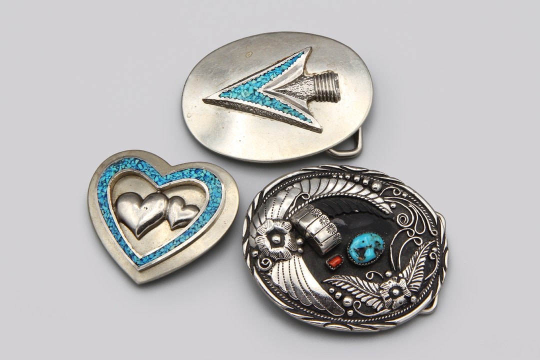 Lot of 3 Southwestern Metal Belt Buckles, Native American Navajo Style ...