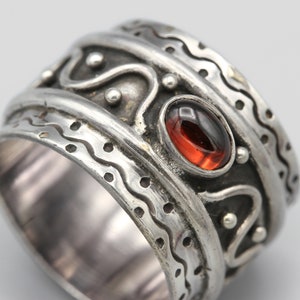 Wide Solid Silver and Garnet Ring Size 5.5, 925 Sterling Cigar Band Ring, Oval Red Gemstone ...