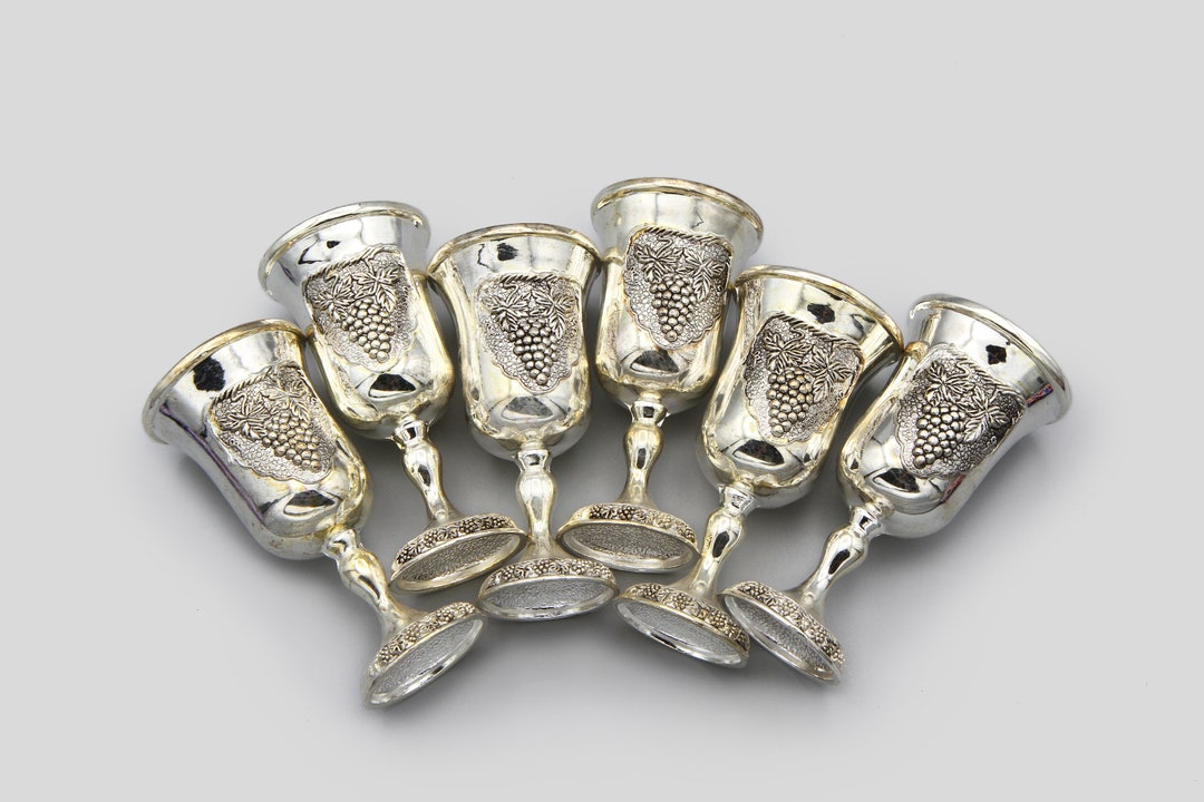 6 Small Silver Metal Goblet Set, Shabbat Wine Cups, Israel Judaica ...