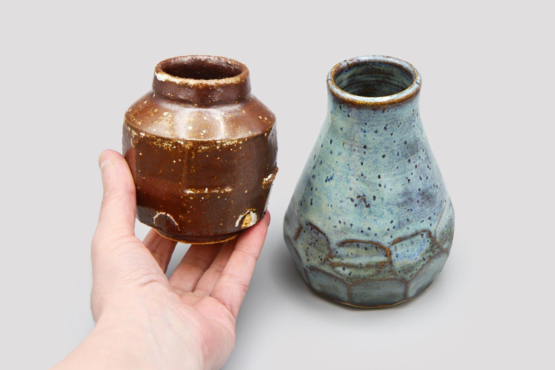 Pair of Handmade Signed Pottery Vases, Glazed Brown and Speckled Blue ...