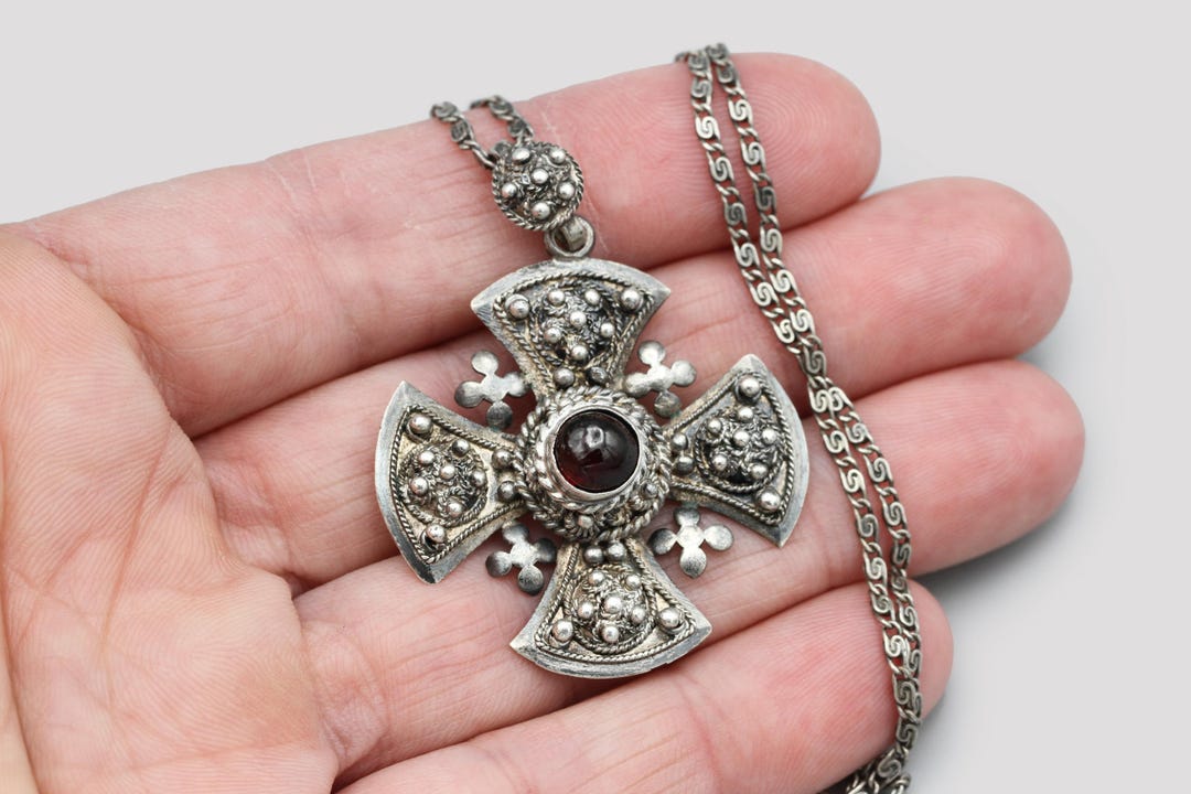 Maltese Heraldic Cross Necklace, Garnet Stone Cabochon, Greek Cross and ...