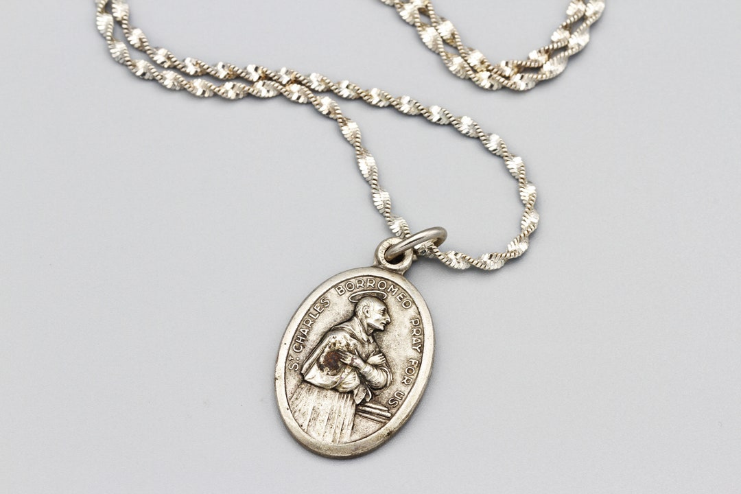 Silver Plated Catholic Prayer Medal Charm Pendant Necklace, St Charles ...