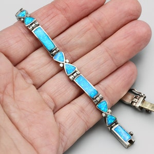 RARE Blue Fire Opal Inlay Panel Link Bracelet, 925 Sterling Silver ...