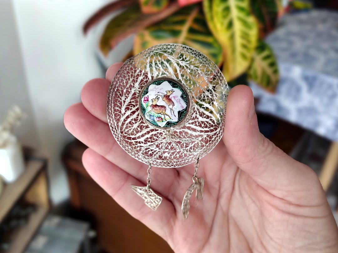 RARE Antique Middle Eastern 900 Silver Brooch, Hand Painted Enamel ...