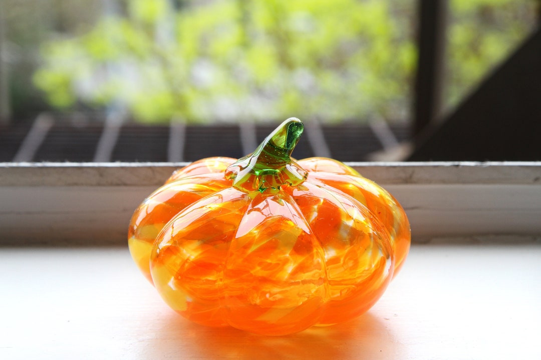 Blown Glass Pumpkin Paperweight, Orange Yellow Glass Sculpture ...