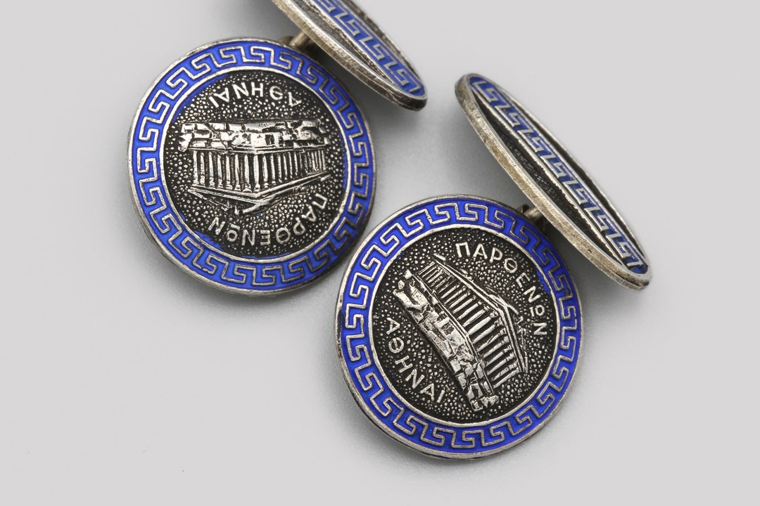 Vintage 900 Silver and Enamel Greek Cufflinks, Parthenon Acropolis ...