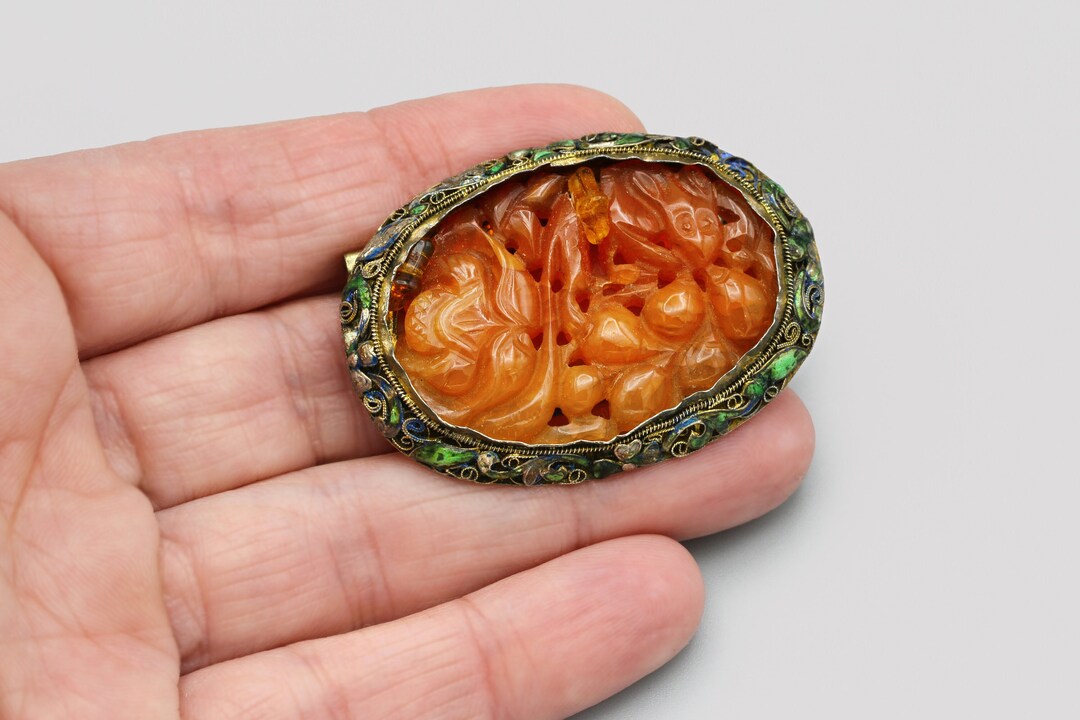 RARE Chinese Export Carved Carnelian Brooch, Antique 1900s Asian ...