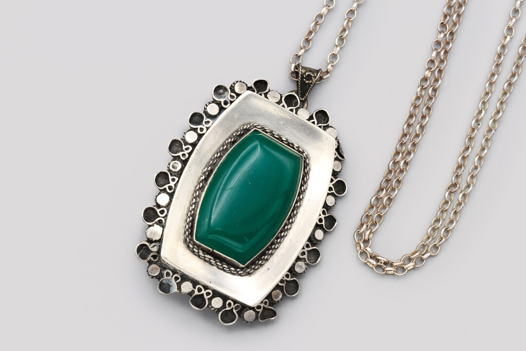 RARE Jerusalem Israel Green Stone Pendant Necklace, Sterling Large ...