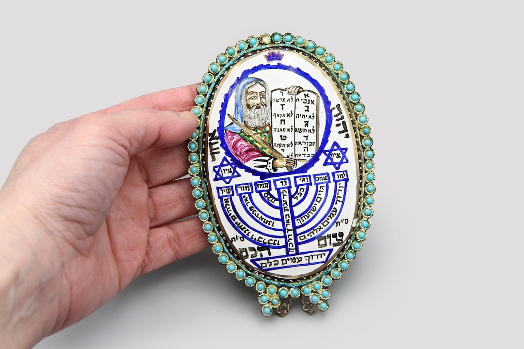 RARE Antique Judaica Plaque With Menorah and Moises, Hand Painted ...