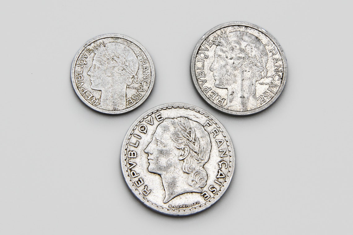 Lot of 3 French Coins, 5 Francs 1947, 2 Francs 1958, 1 Franc 1950 ...
