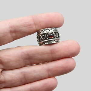 Wide Solid Silver and Garnet Ring Size 5.5, 925 Sterling Cigar Band Ring, Oval Red Gemstone ...