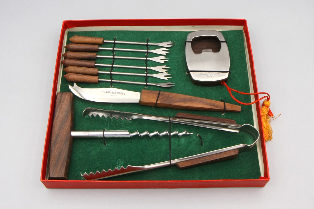 Stainless Steel and Wood Japanese Bar Utensils Set, Mid Century Modern ...