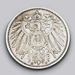 RARE 1 Mark 1909 D Wilhelm II Coin, Eagle With Small Shield, 900 Silver ...
