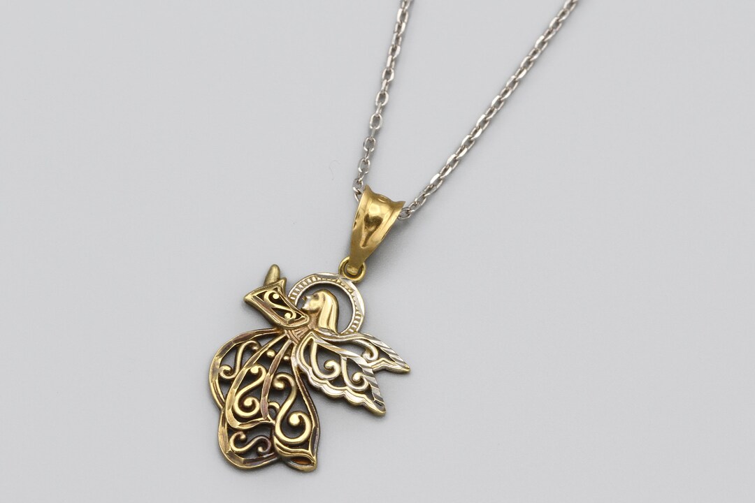 Small Filigree Angel Pendant Necklace, 925 Sterling Silver and 14K Gold ...