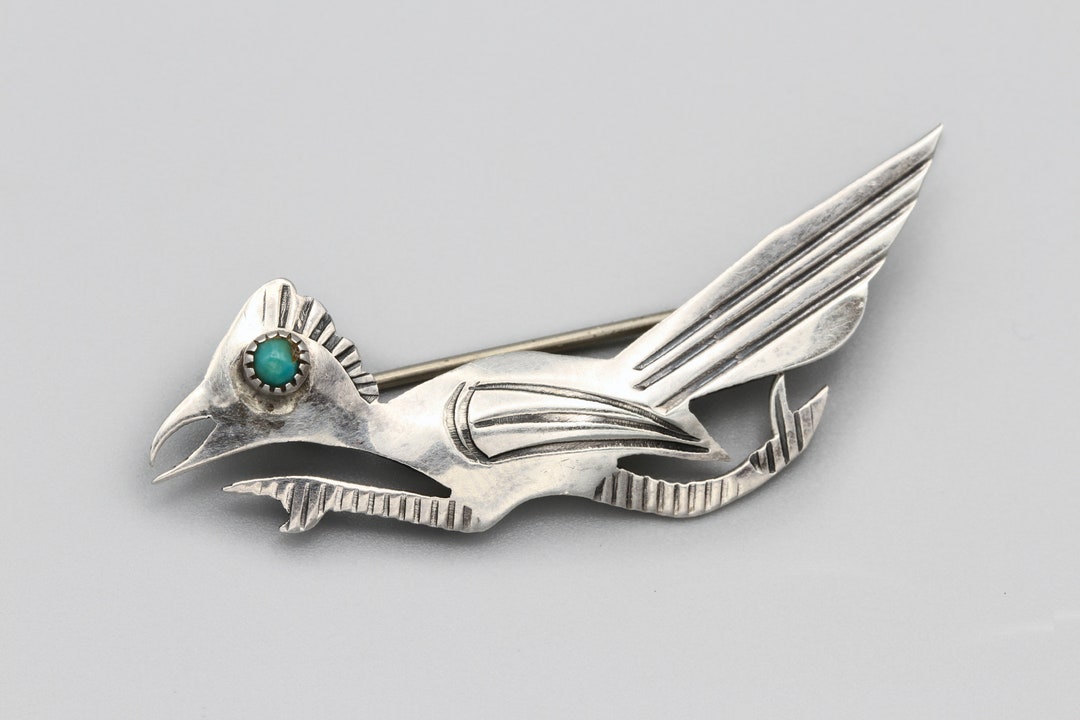 Signed BII Turquoise Road Runner Brooch, 925 Sterling Silver Bird Pin ...