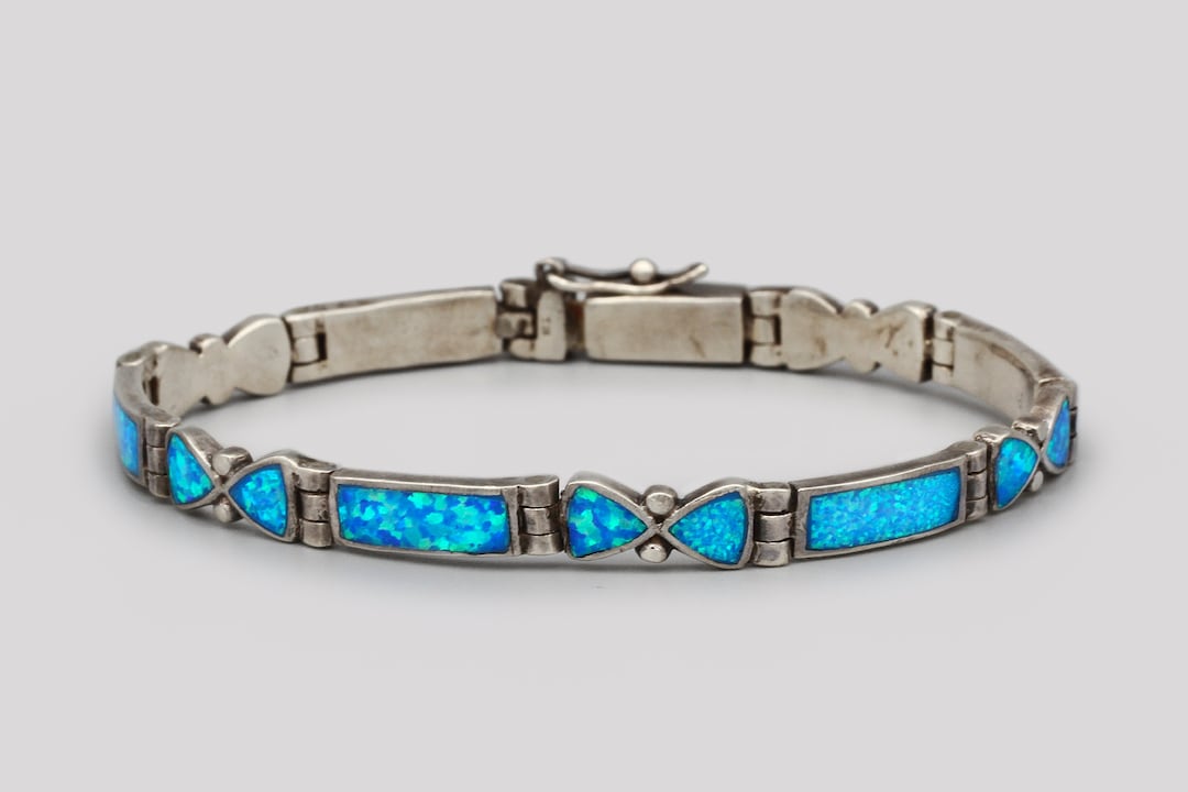 RARE Blue Fire Opal Inlay Panel Link Bracelet, 925 Sterling Silver ...