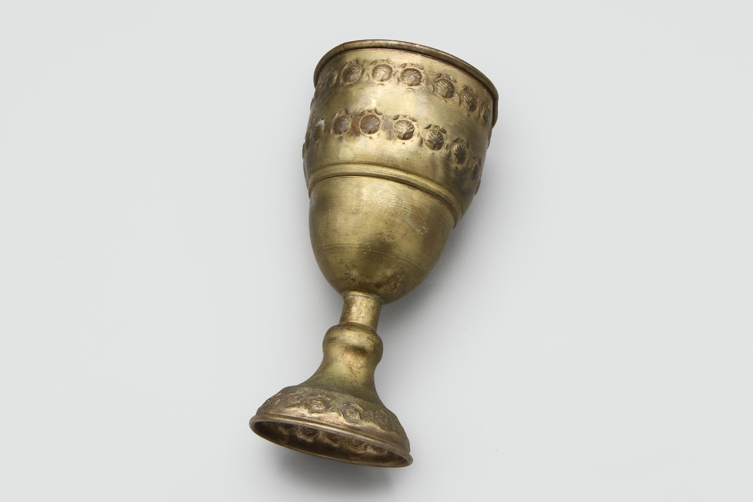 Vintage Bronze Tone Footed Kiddush Cup, Rustic Wine Goblet With Stamped ...