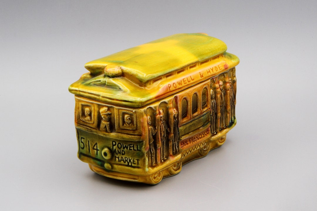 Glazed Ceramic Trolley Car Candy Bowl With Lid, San Francisco Cable Car ...