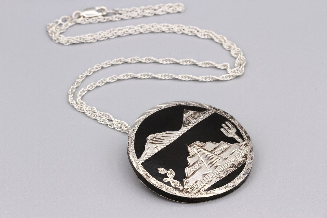 Sterling Silver Aztec Pyramid Cactus Mountain Pin, 925 Silver and Black ...