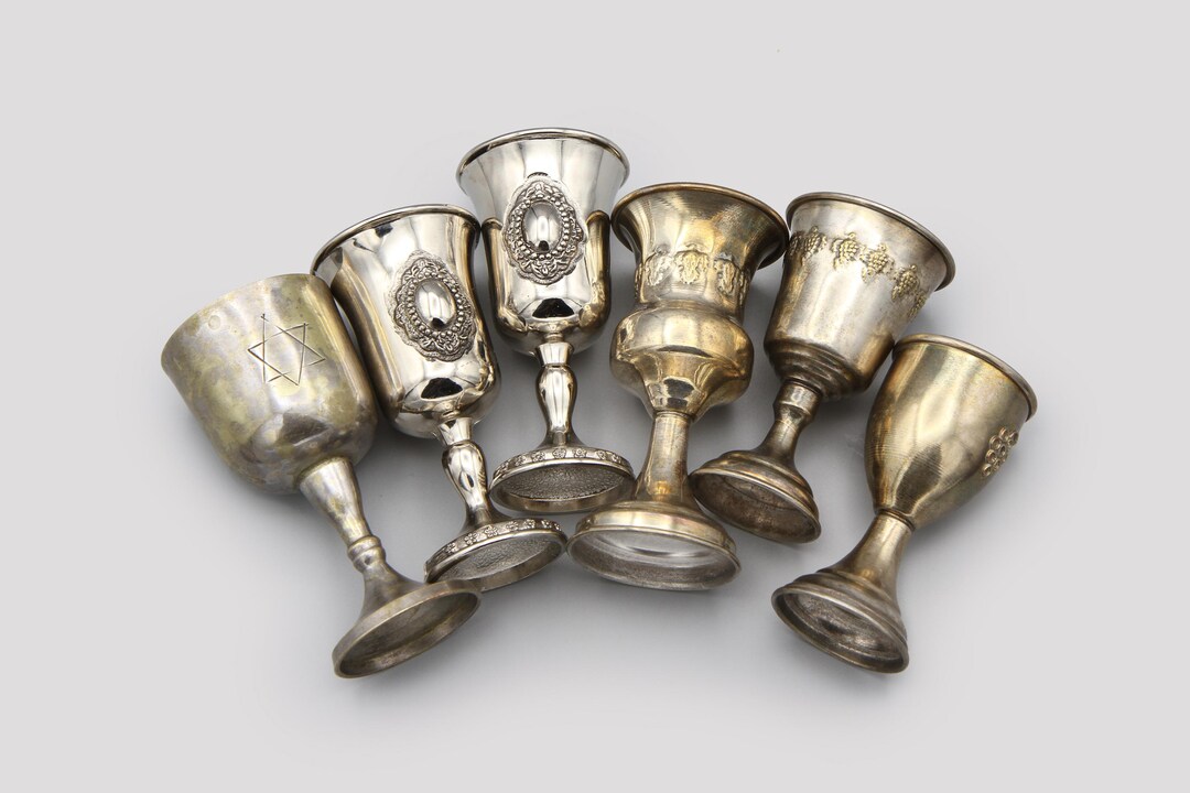 Set of 6 Small Silver Plated Metal Goblets, Antique and Vintage Shabbat ...