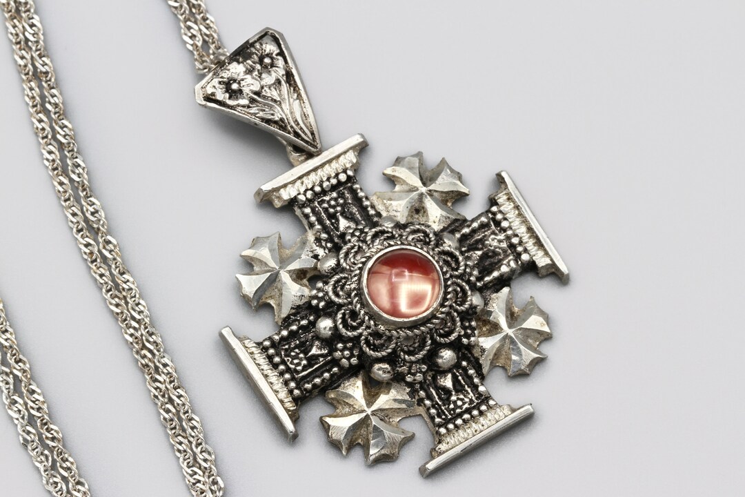 RARE Maltese Cross Necklace, Pink Quartz Stone Cabochon, Greek Cross ...