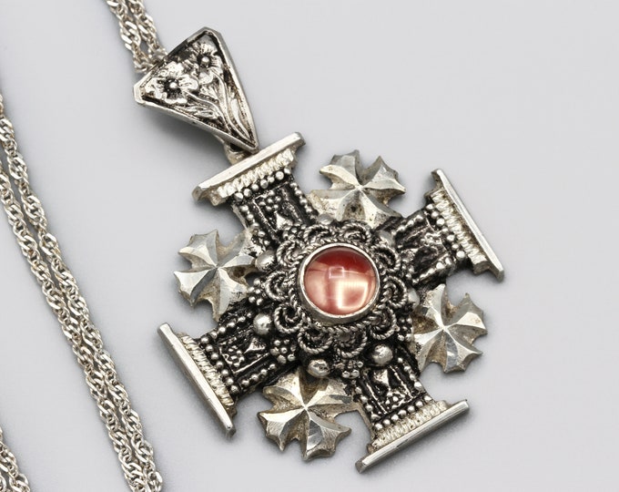 RARE Maltese Cross Necklace, Pink Quartz Stone Cabochon, Greek Cross ...